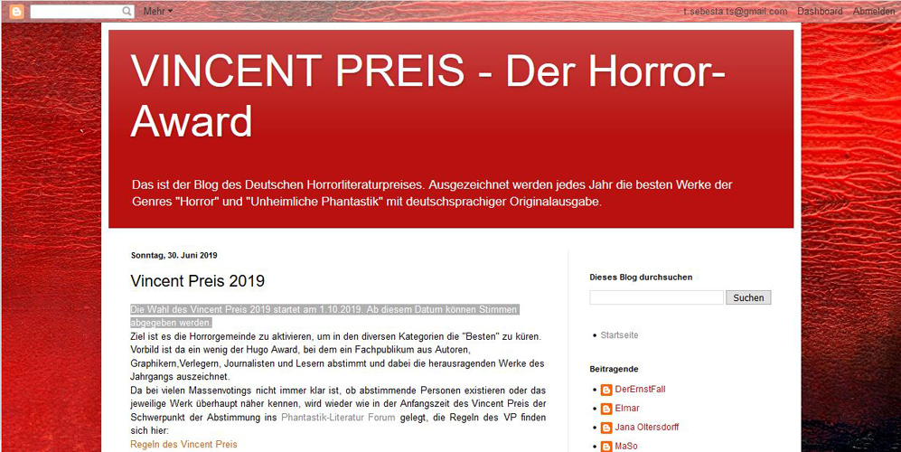 Der Vincent-Preis 2019 – jetzt informieren und mitmachen – Treffpunkt Phantastik